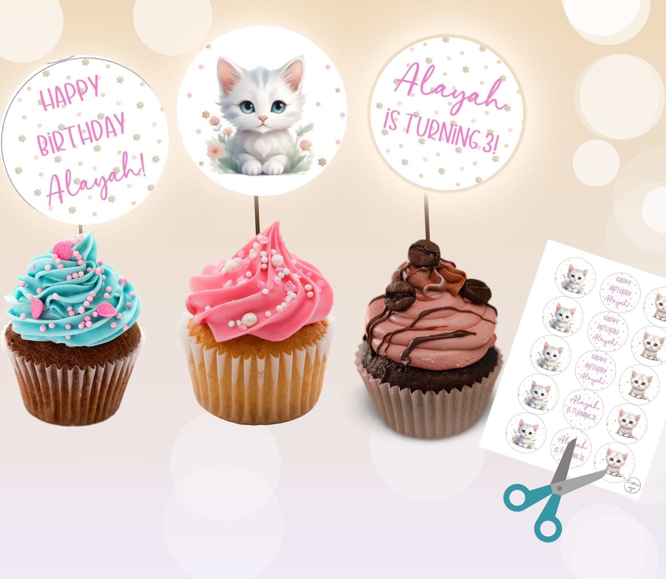 Kitty Cat Birthday Cupcake Toppers, EDITABLE Purrfect Party Cupcake ...