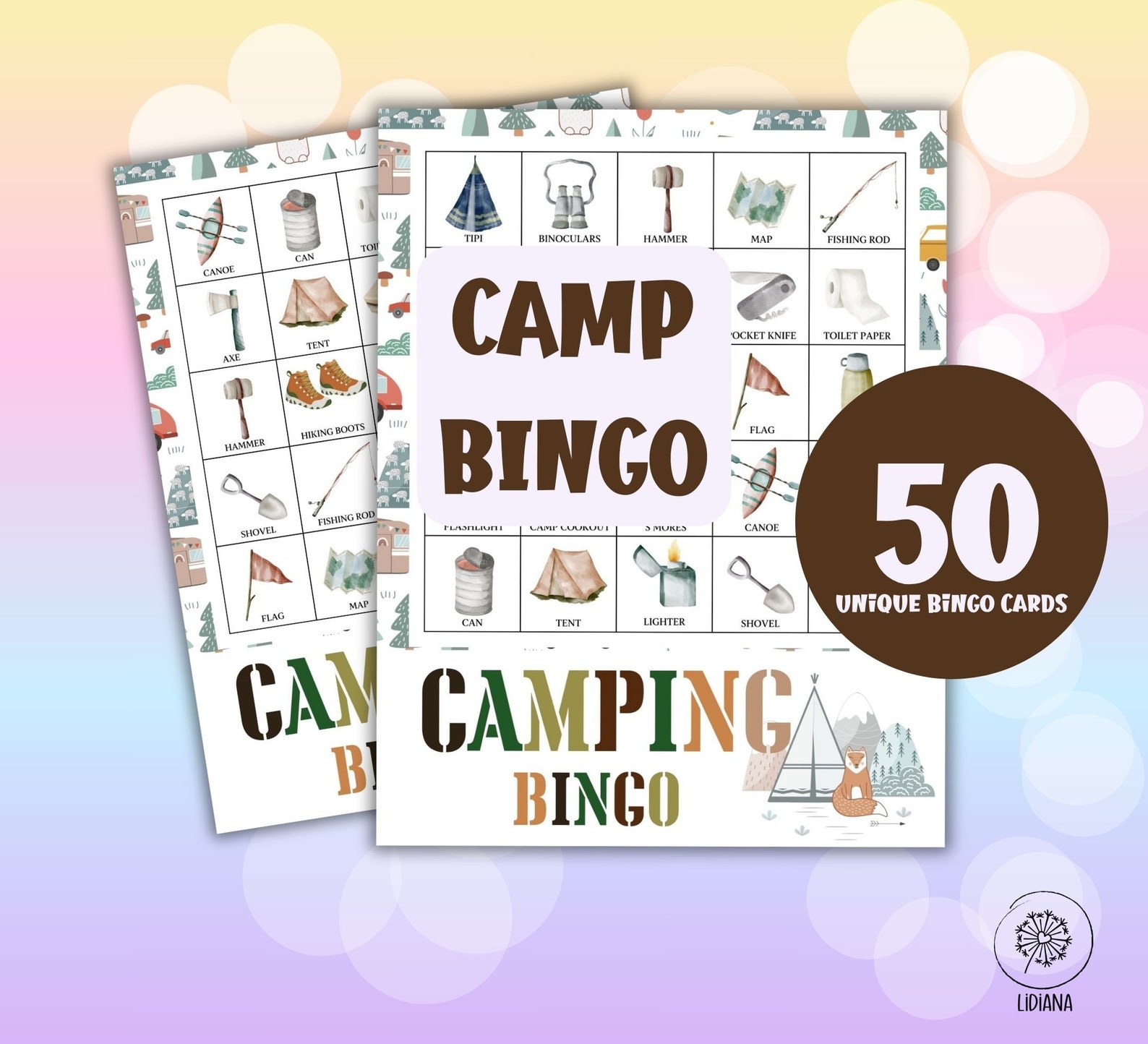 Camping Bingo, 50 Glamping Bingo Cards Printable Game, Summer Bingo ...