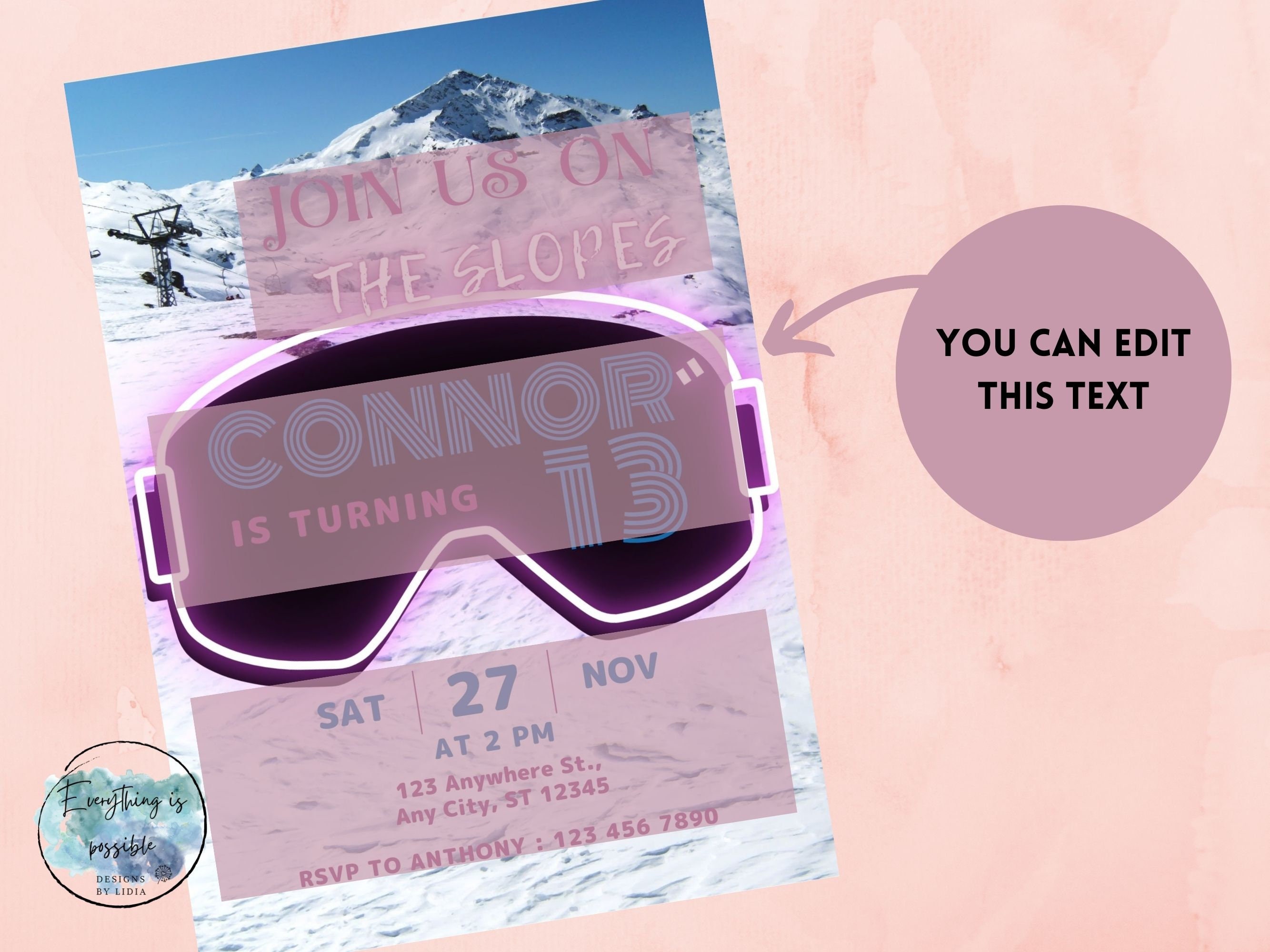 Skiing Birthday Invitation, Snowboard Invite, Aspen Ski, Teenager ...