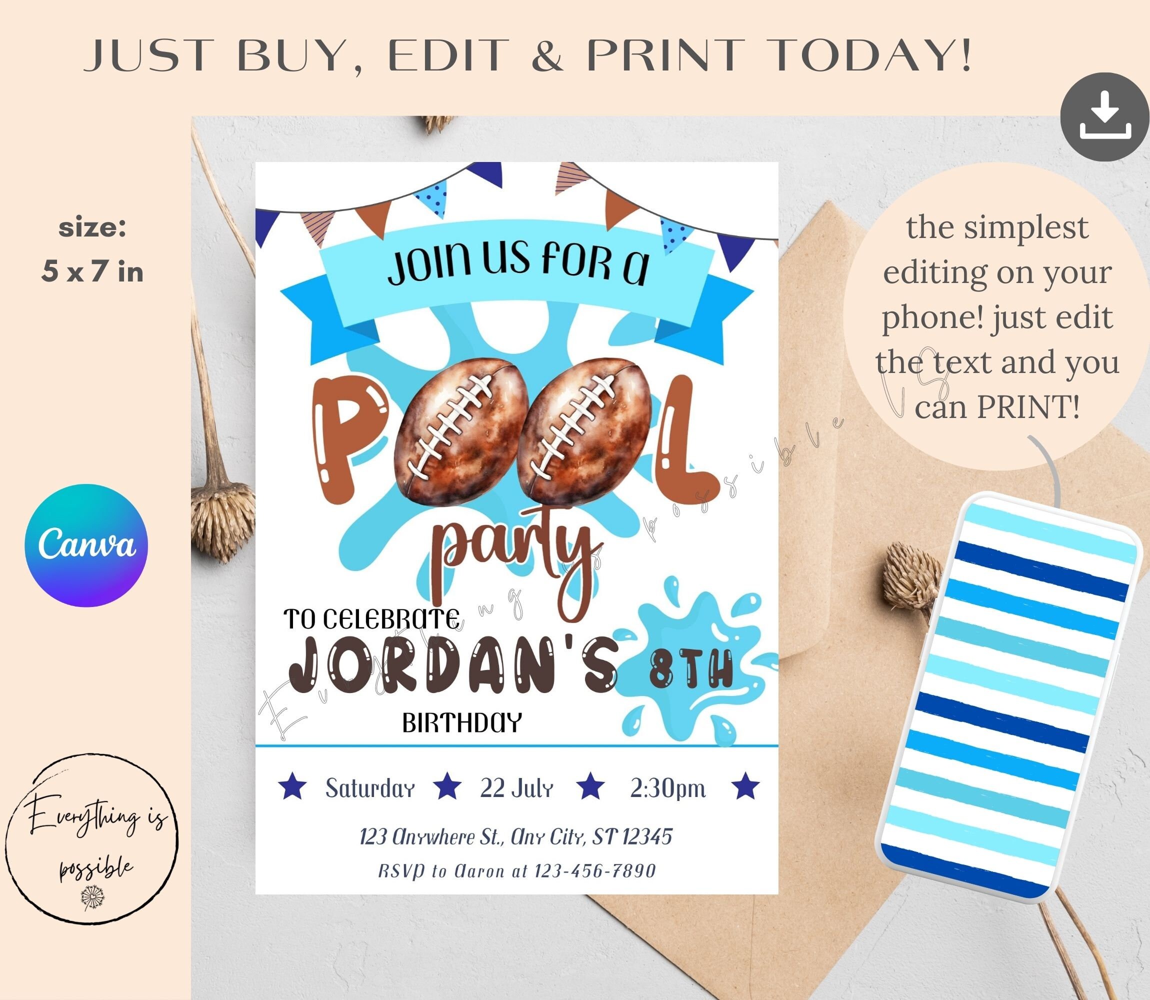 Football Pool Party Invitation: Kids Birthday, Summer Splash (digital ...