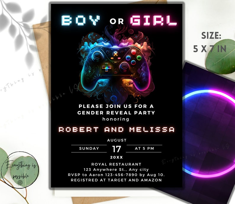 Neon Gamer Gender Reveal Invitation: Gaming Baby Shower (digital ...