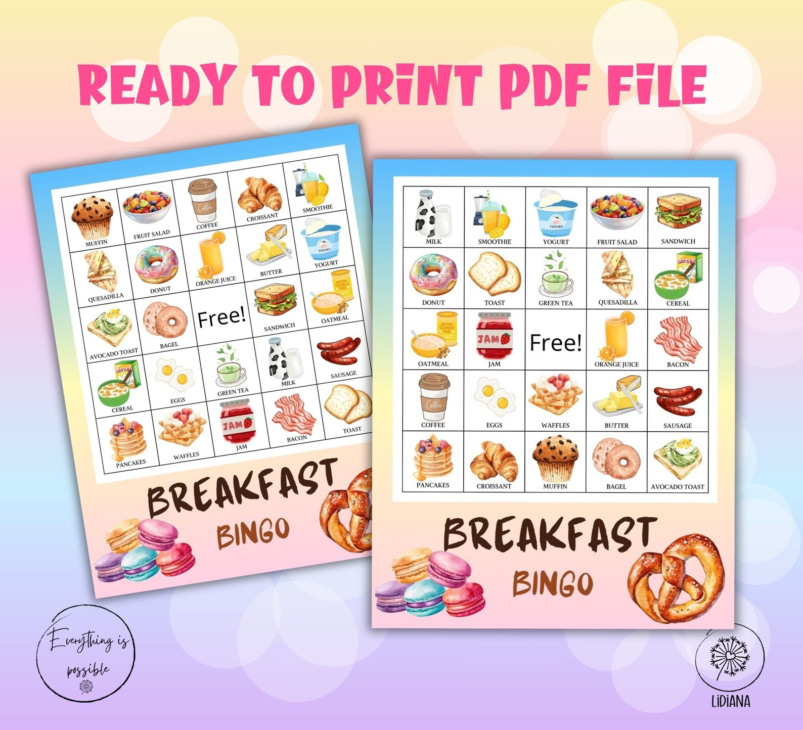 50 Breakfast Bingo Cards Printable Game, Sunday Brunch Bingo Board Game ...