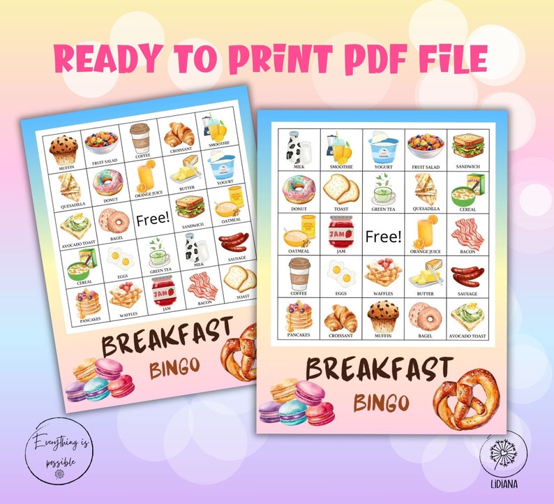 50 Breakfast Bingo Cards Printable Game, Sunday Brunch Bingo Board Game ...