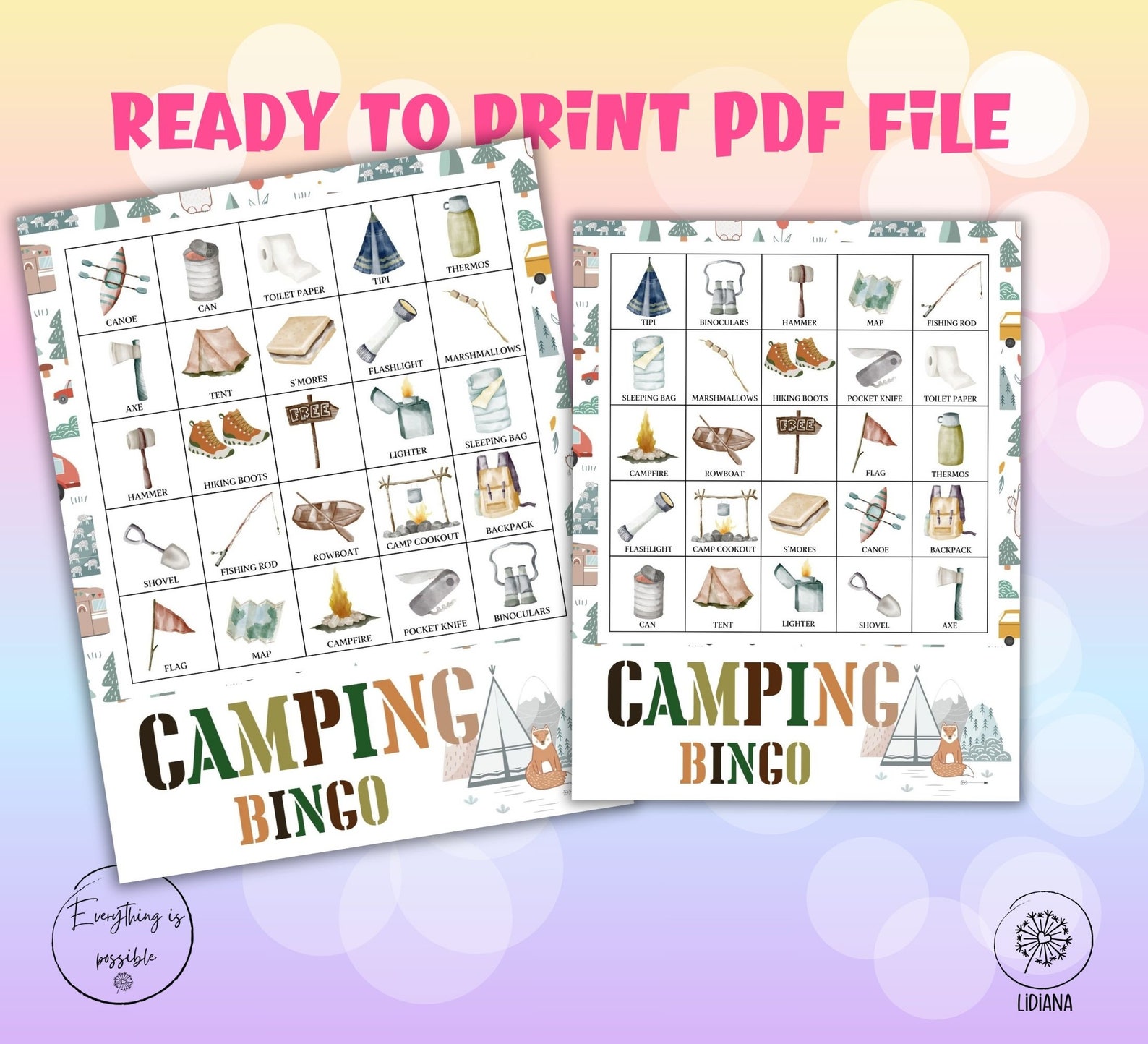Camping Bingo, 50 Glamping Bingo Cards Printable Game, Summer Bingo ...