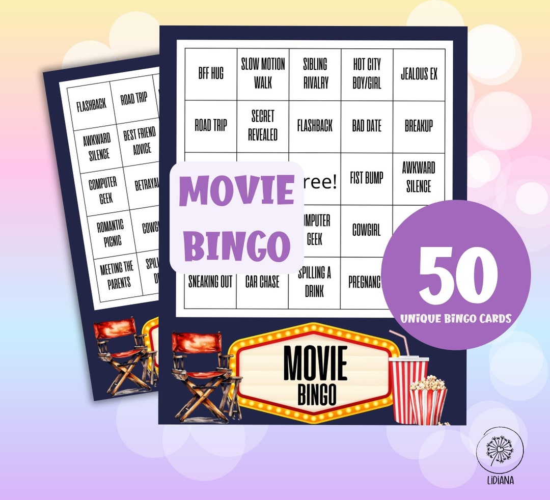 Movie Bingo, 50 Movie Bingo Cards, Movie Night Bingo, Cinema Bingo ...