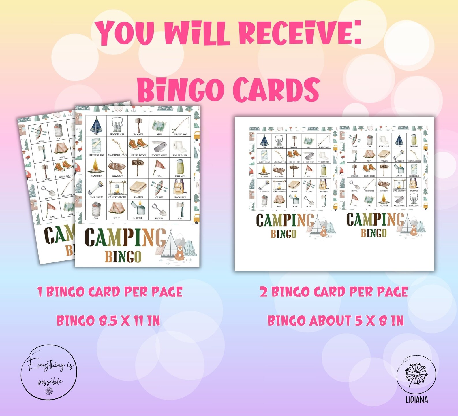 Camping Bingo, 50 Glamping Bingo Cards Printable Game, Summer Bingo ...