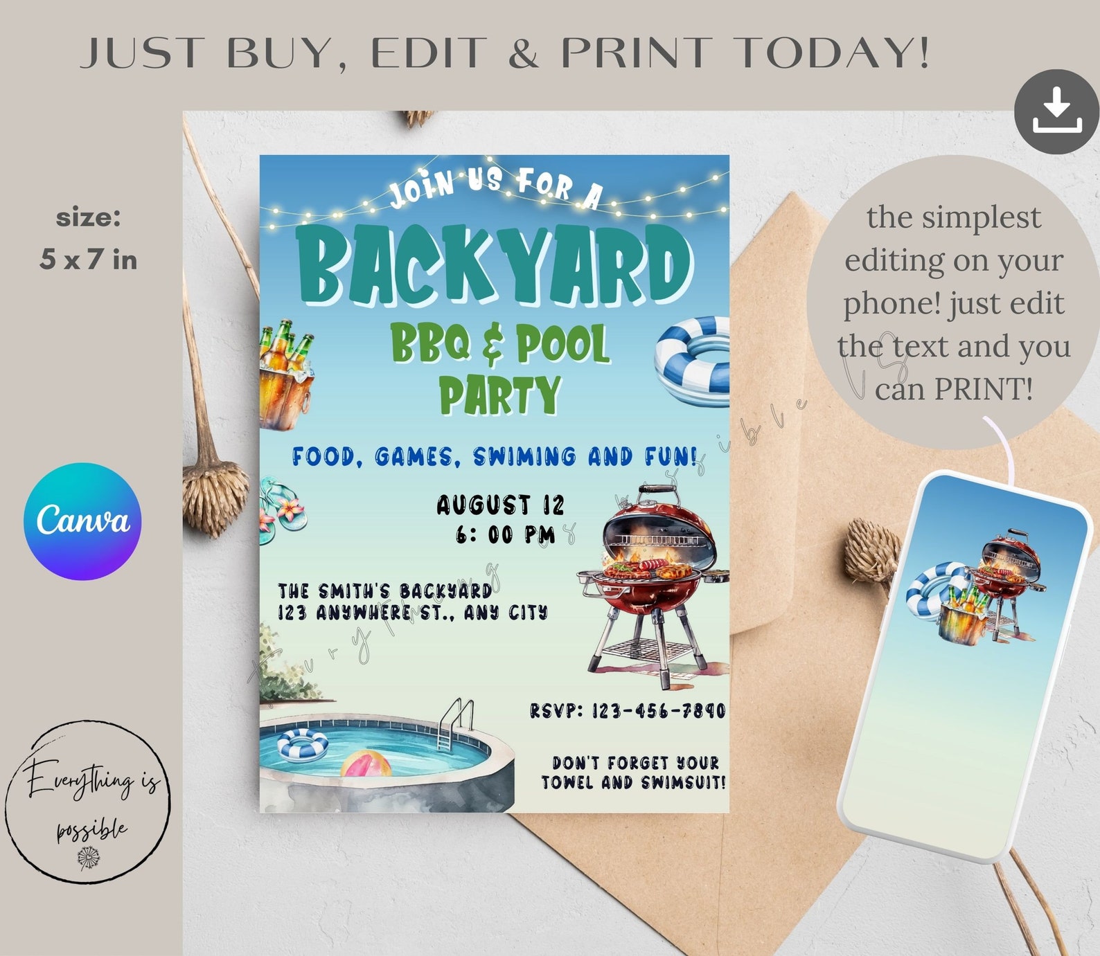 BBQ and Pool Party Printable Invitation, Summer Party Invite, Digital ...