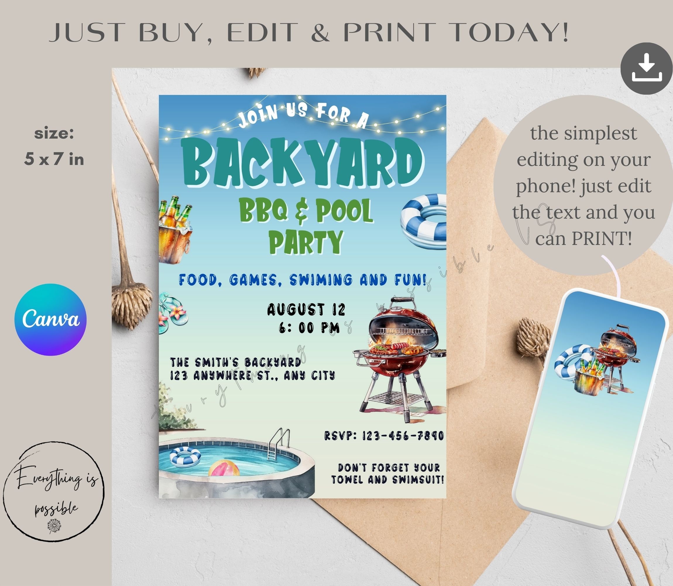 BBQ and Pool Party Printable Invitation, Summer Party Invite, Digital ...