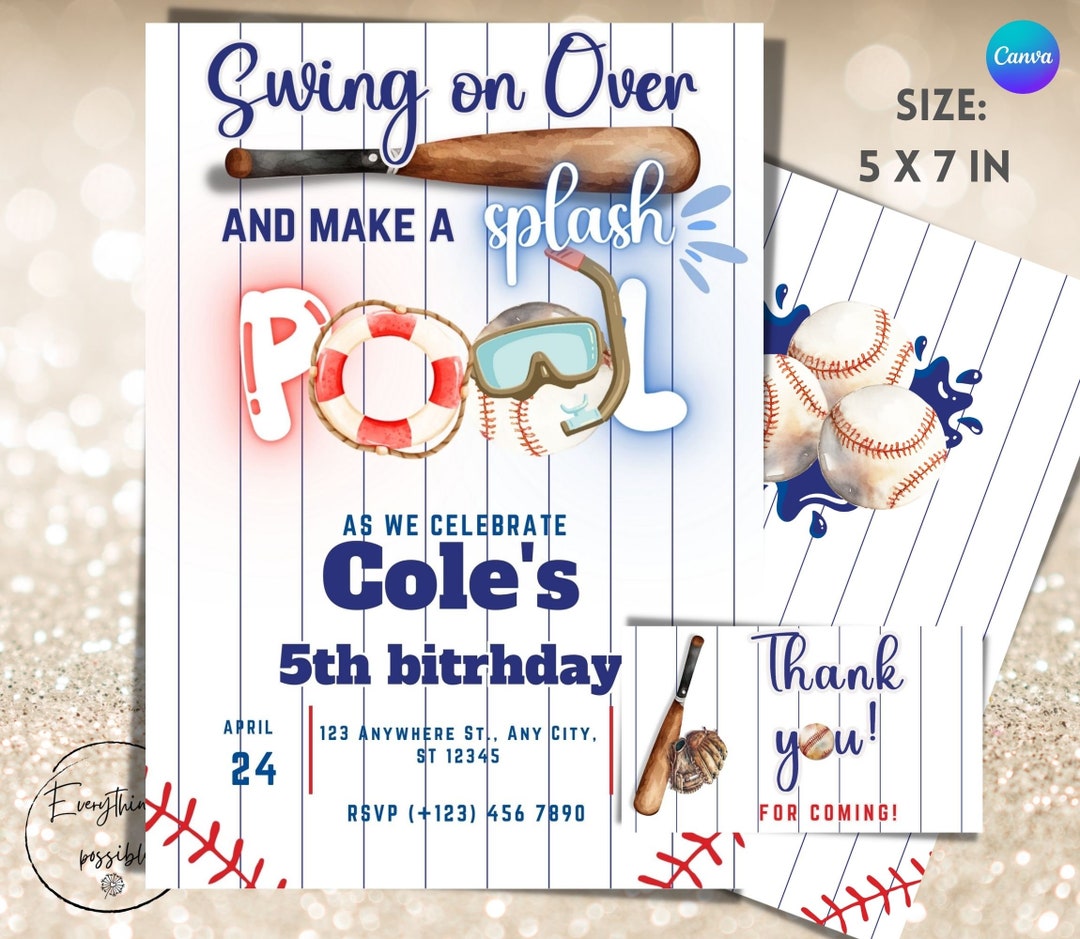 Baseball Pool Party Invitation, Splash Kids Birthday Invitation, Summer ...