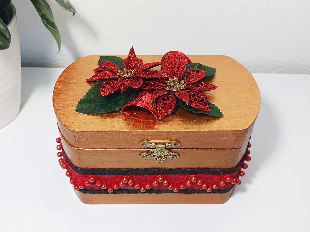Hand Painted Christmas Wood Box, "red Poinsettia on Gold" for Home ...