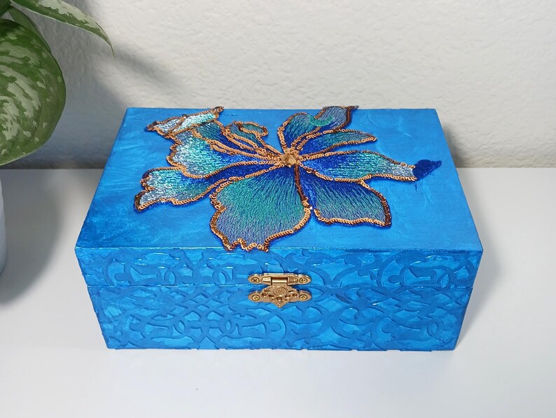 Hand Painted Wood Box, blue and Gold for Home Decor, Keepsake, Memory ...