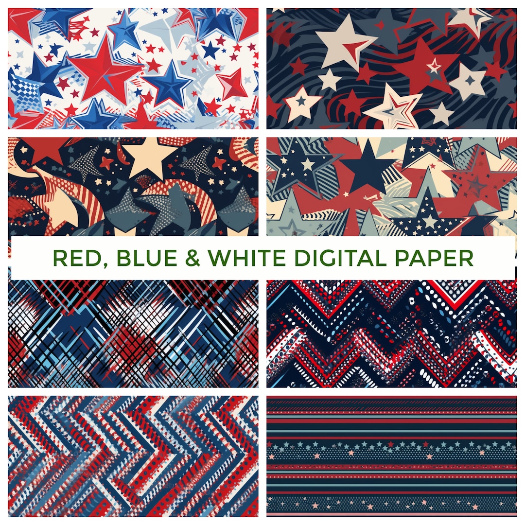 24 Red White Blue Digital Paper. 4th of July Digital Paper. Commercial ...