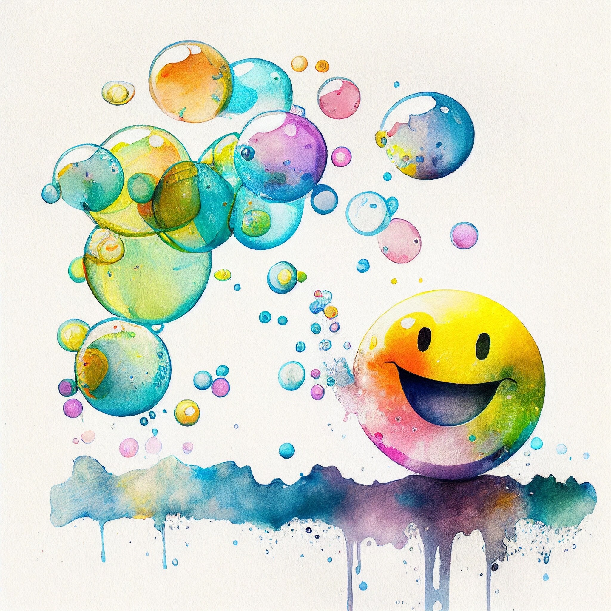 Smiley Face Water Color Art Wall Decor Art Print 5 Sizes Bubbles Happy ...