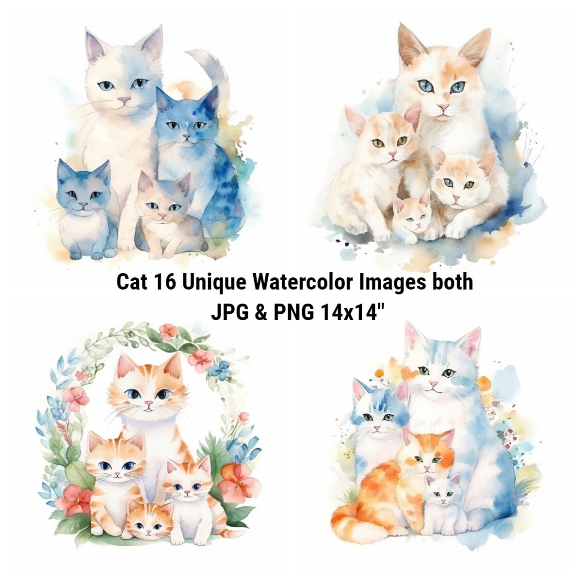 Watercolor Beautiful Cats Clipart Cute Floral Cats and Kittens With ...