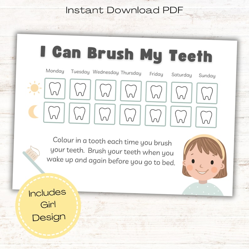 Tooth Brushing Chart for Toddlers and Kids Clean Teeth Printable PDF ...