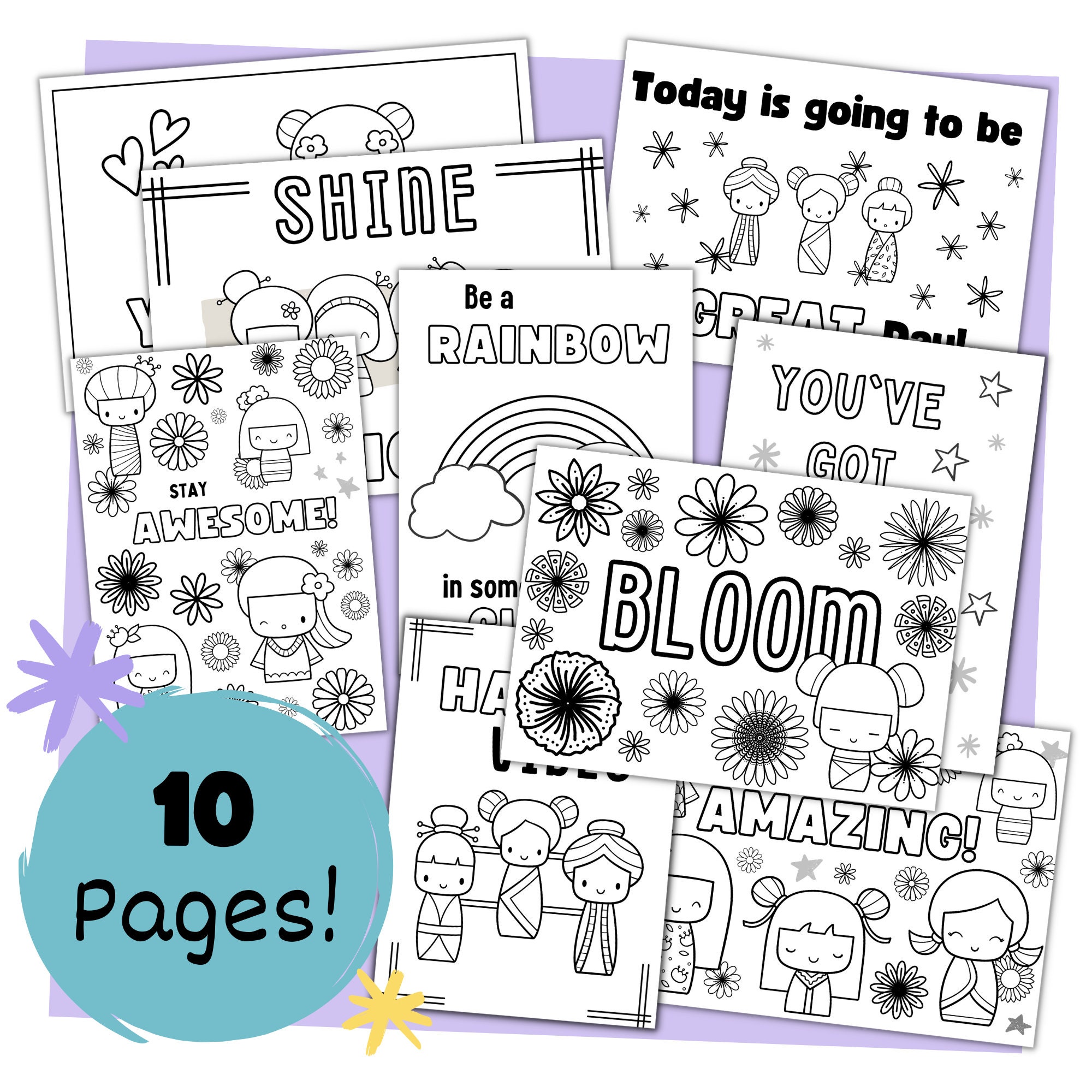 10 Cute Kawaii Colouring Pages for Kids and Teens, Happy Quotes, Easy ...