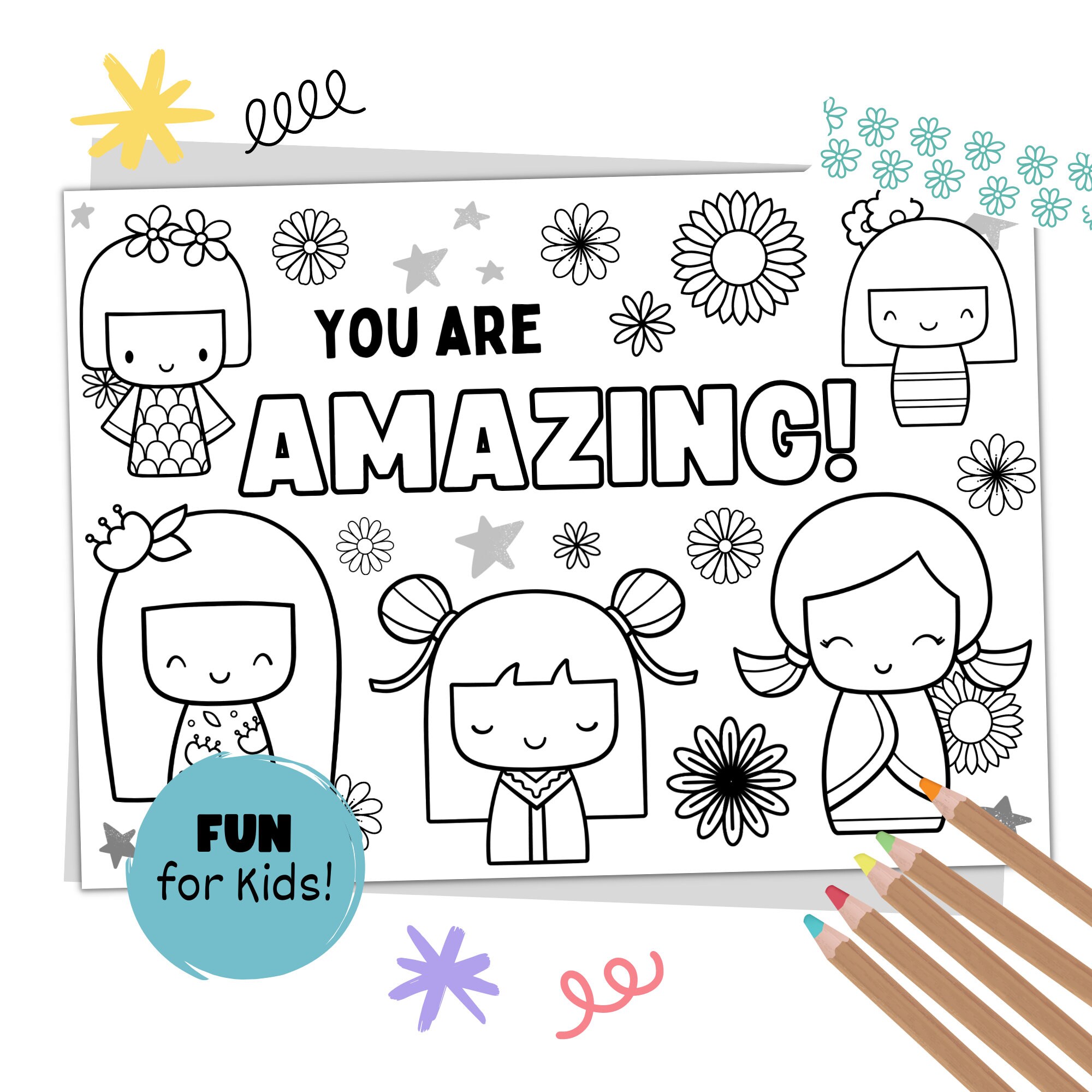 10 Cute Kawaii Colouring Pages for Kids and Teens, Happy Quotes, Easy ...