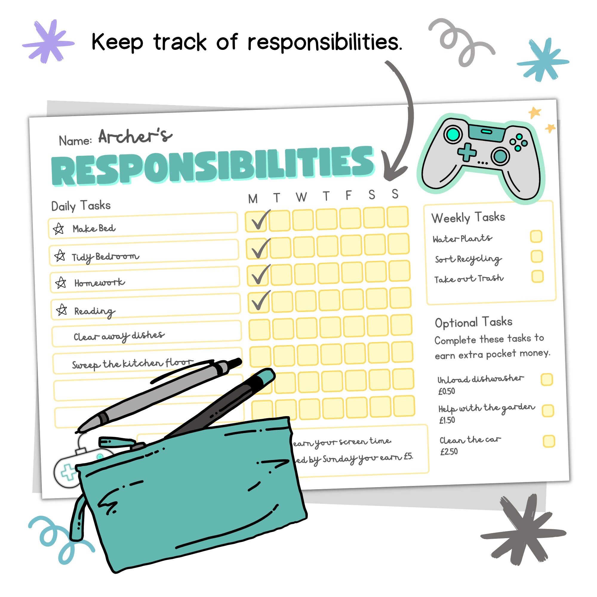 Responsibility Chart and Chore Tracker for Kids, Gamer Daily Routine ...
