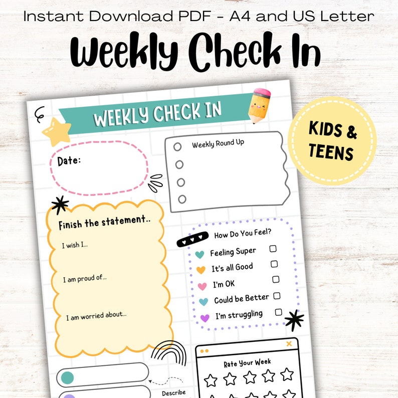 Mental Health Weekly Check-in Template, Kids and Teen Mental Health ...