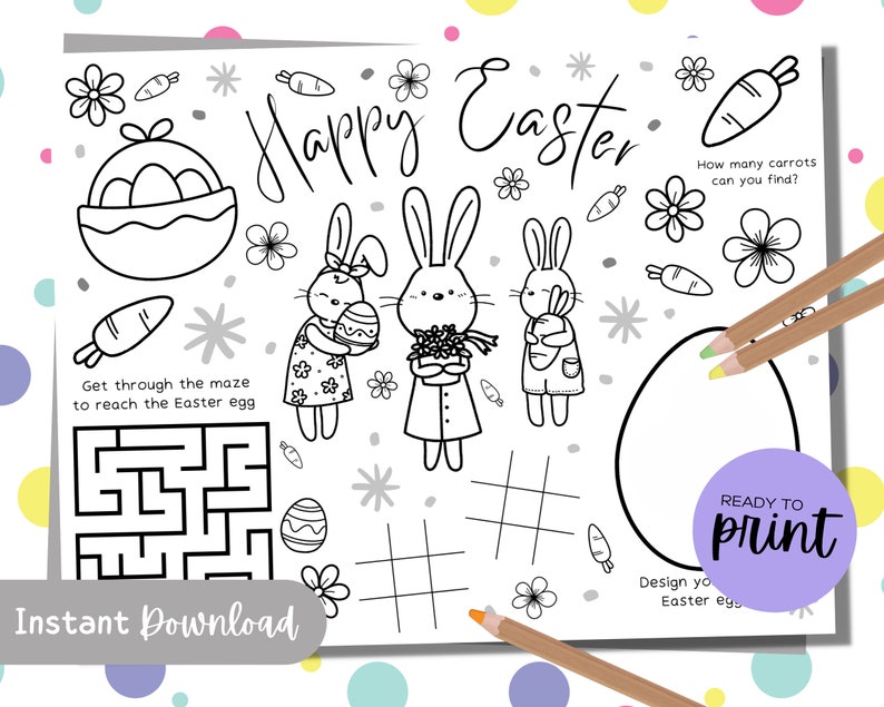 Easter Activity Mat, Colouring Pages for Kids, Printable Table Placemat ...
