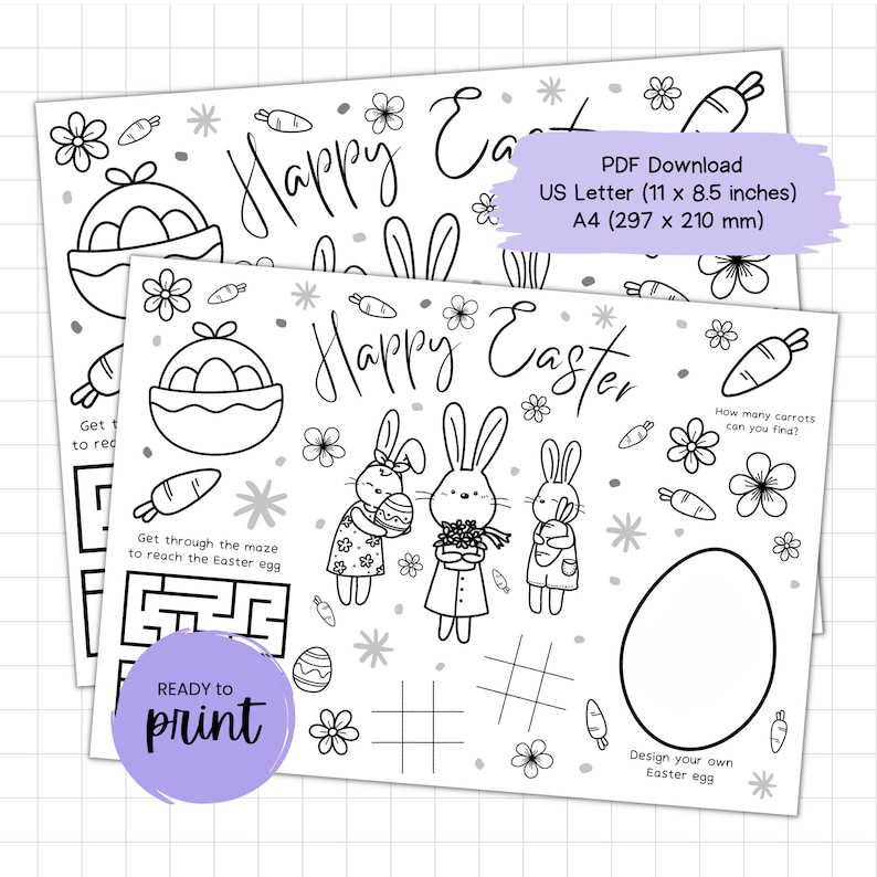 Easter Activity Mat, Colouring Pages for Kids, Printable Table Placemat ...