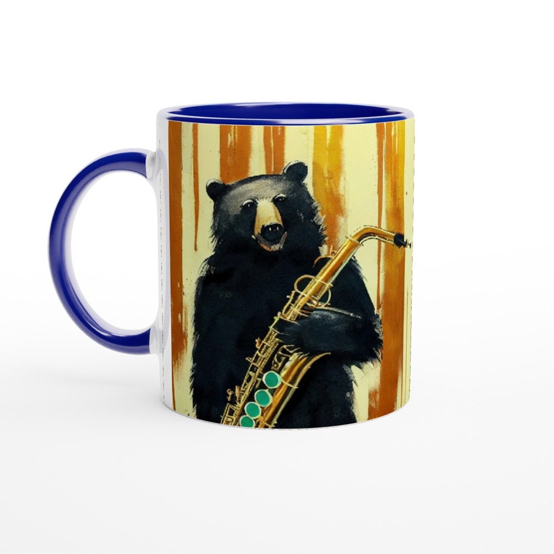 Bear-iffic Jazz: Bear Playing a Saxophone White Ceramic Mug With Color ...