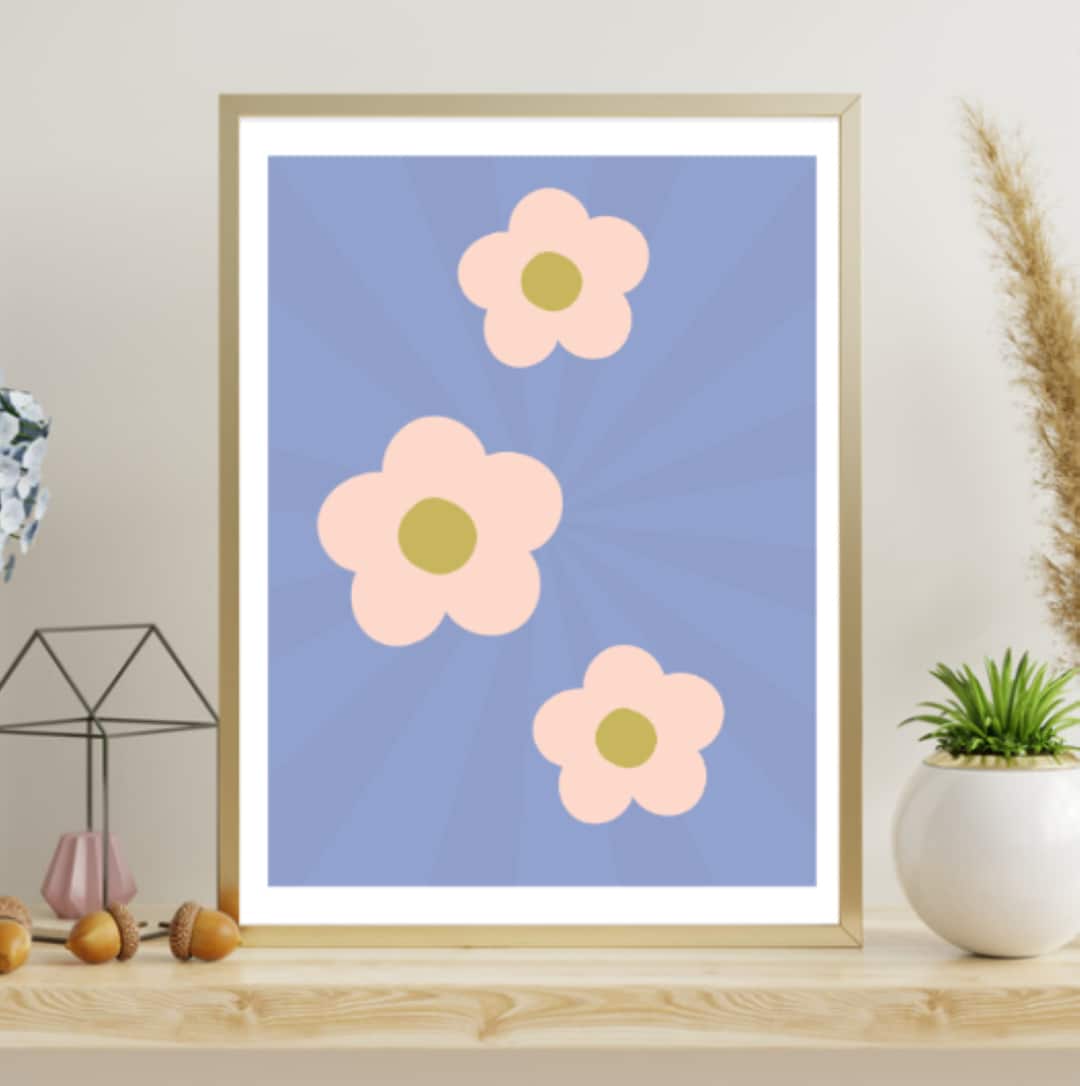 Retro Groovy Soft Pink Flower Wall Art Print | Trendy Floral ...