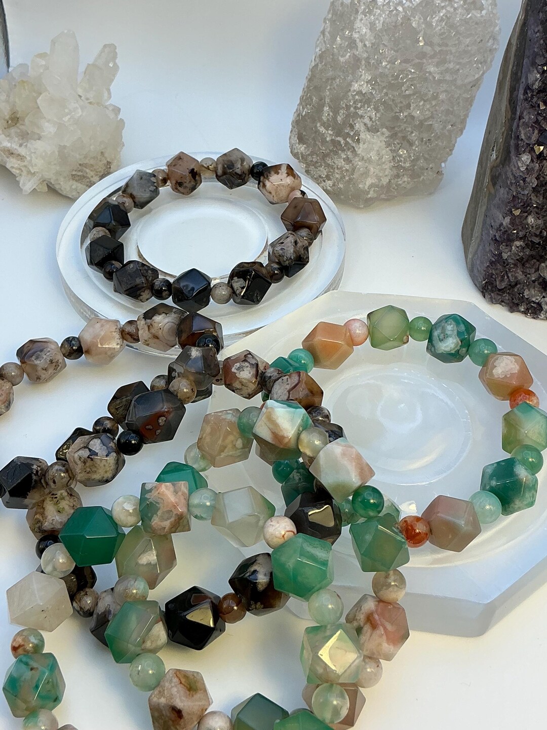 Flower Agate Bracelet, Octagon Gemstones, Black or Green Flower Agate ...