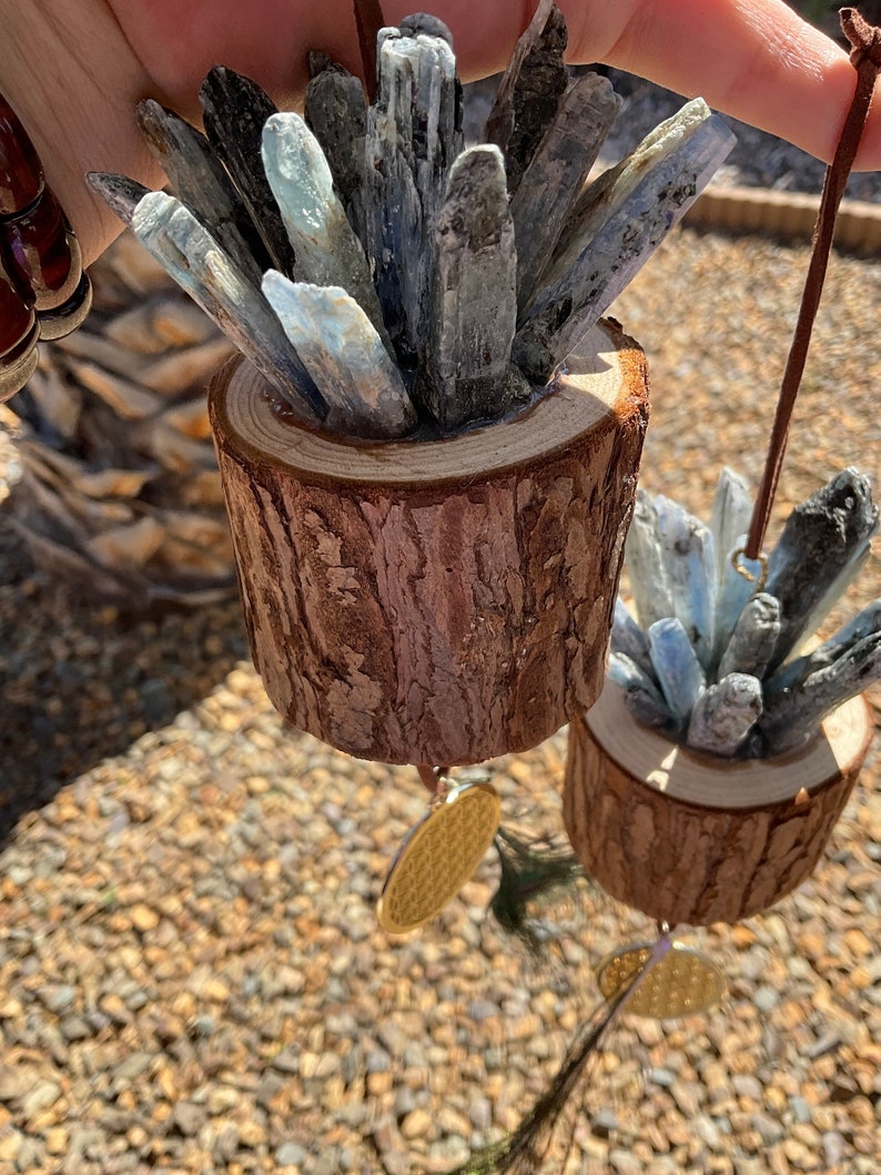 Kyanite Crystal Hanging Decor: Wood Stand, Peacock Feather Accent - Etsy
