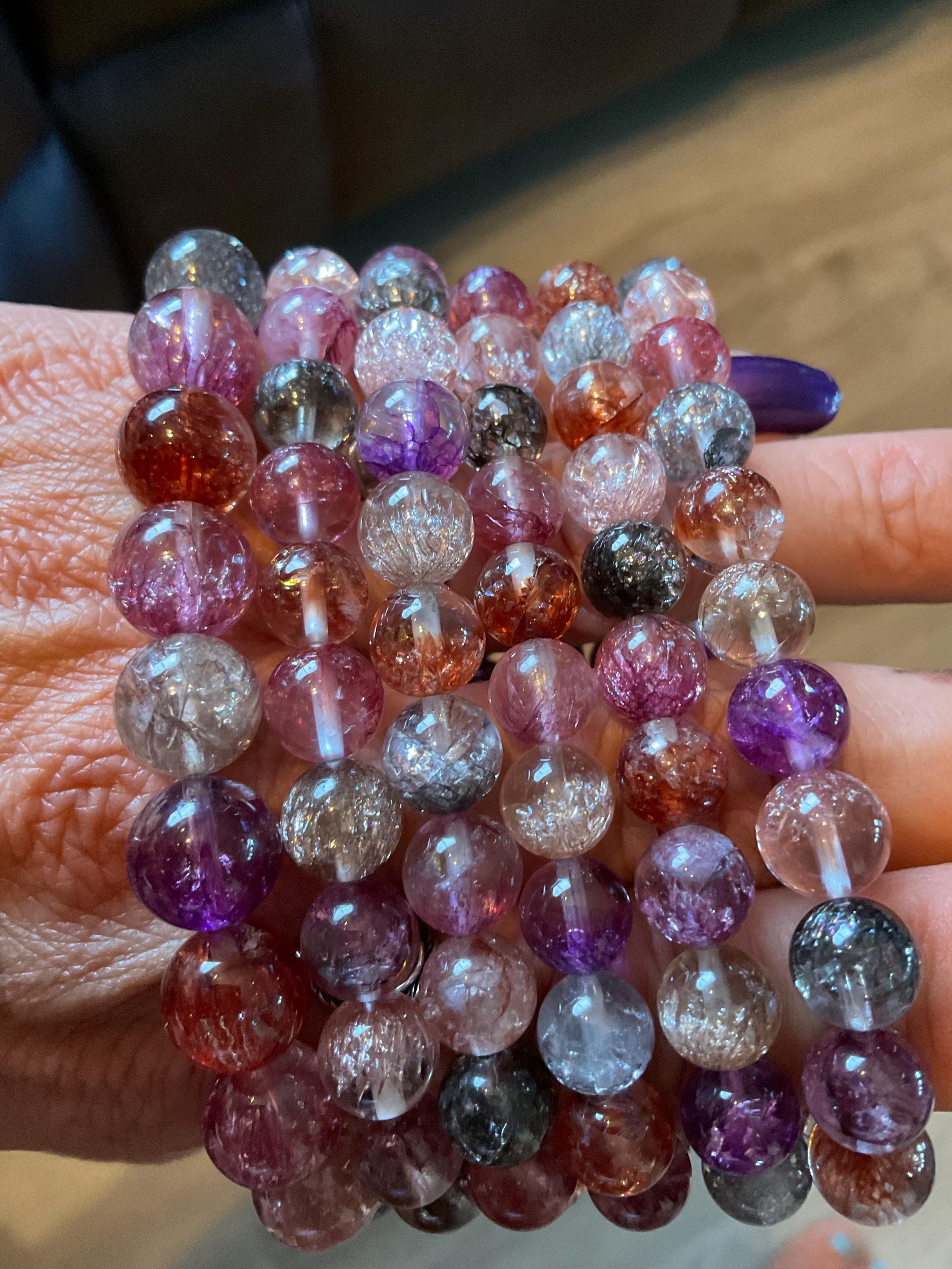 Super Seven Quartz Beaded Bracelet: Enhanced Glitter Crystal Jewelry - Etsy