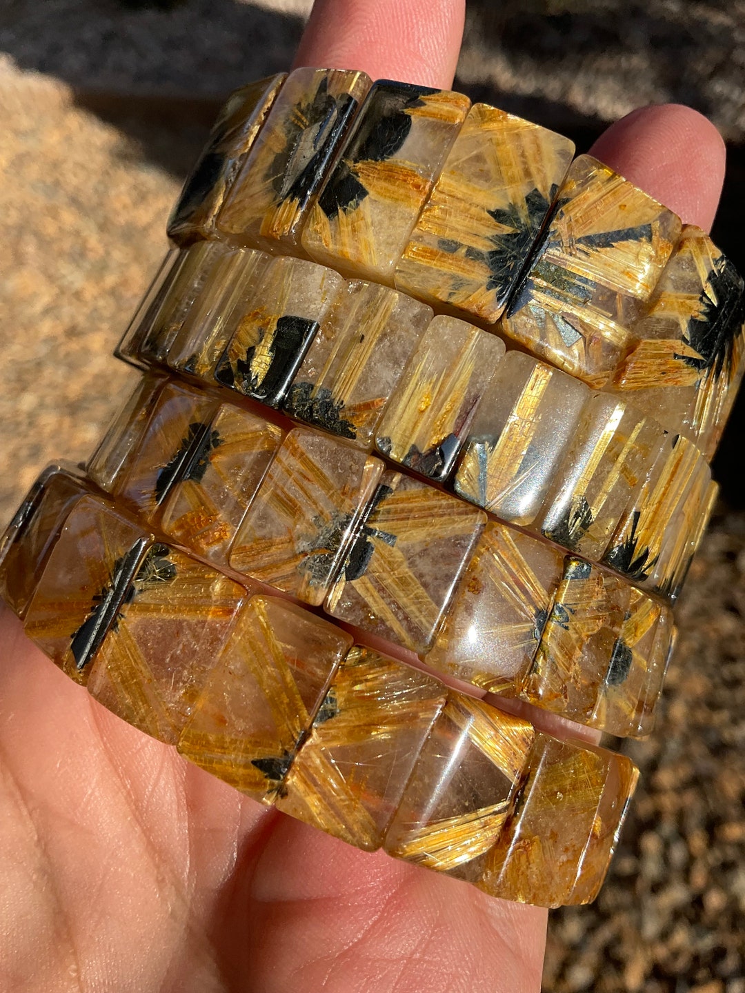 Golden Rutile Quartz Bangle: Hematite Crystal Jewelry (6-7.5 Inch Wrist ...