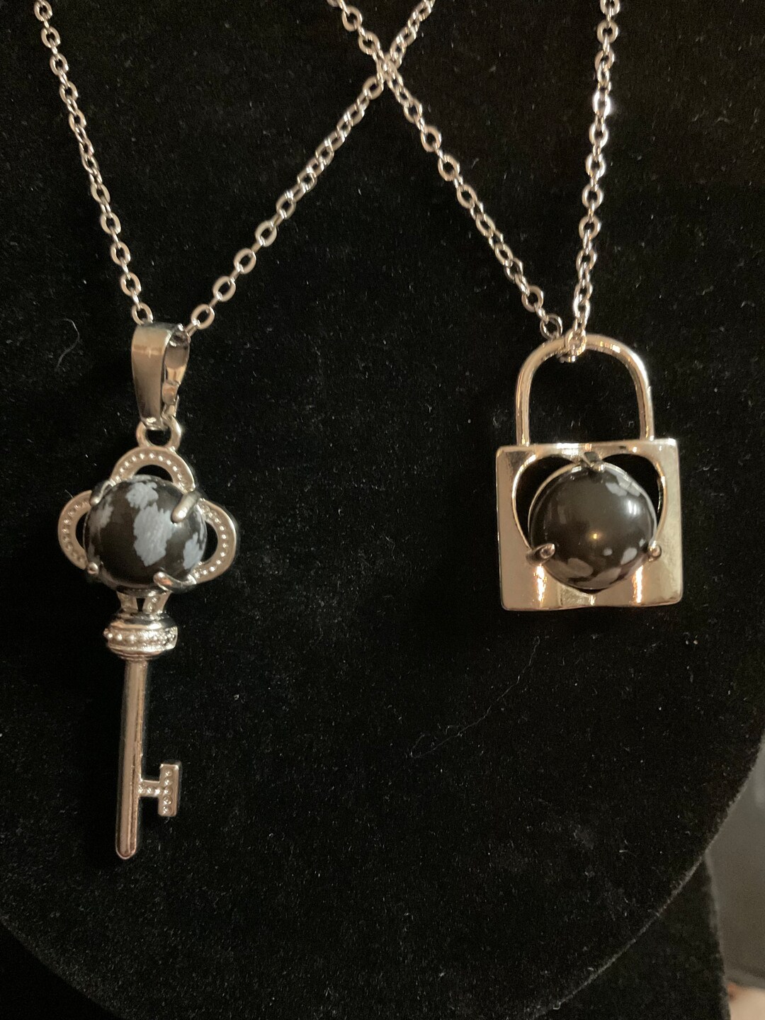 Snowflake Obsidian or Picture Jasper Set With Lock and Key Pendents ...