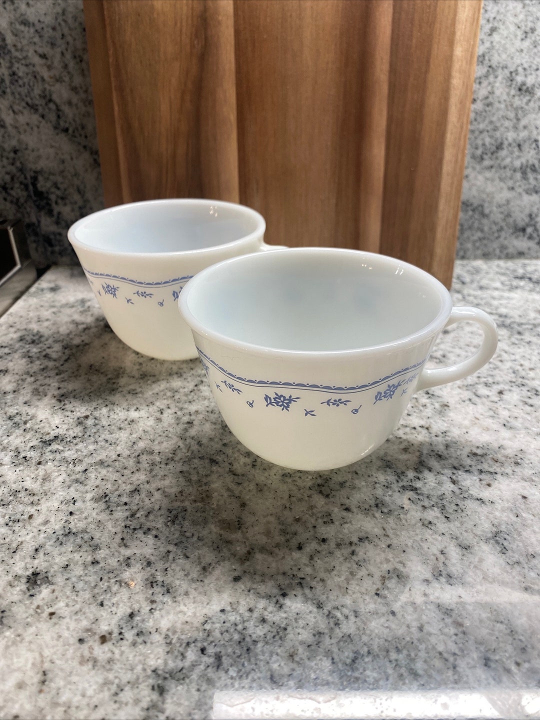 Vintage Set of 2 Vintage Milk Glass Pyrex Cup Mug Set Blue Morning ...