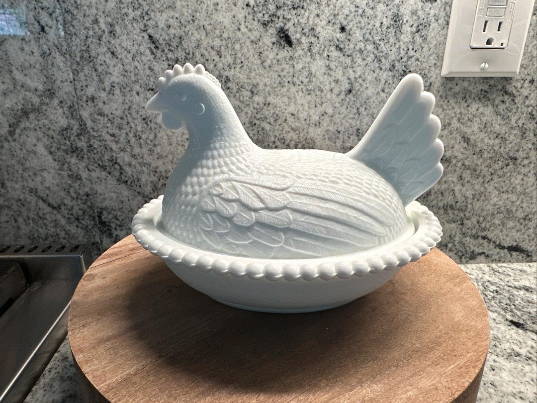 Indiana Glass Chicken Hen on Nest Candy Dish 7" Long White Milk Glass ...