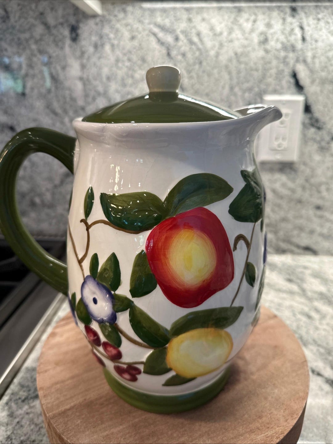 Nonni's Pitcher Cookie Jar Floral Fruit Canister Handpainted 10" Green ...