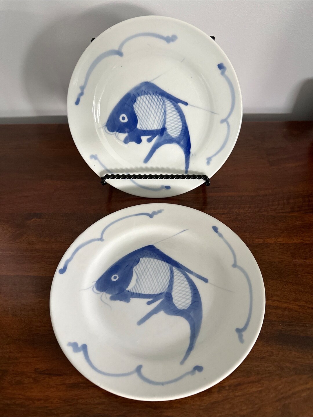 Chinese Blue & White Porcelain Koi Fish Carp Salad Plates Vintage Set ...