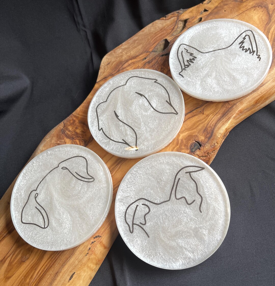 Handmade Dog Coaster Set: Shimmery Pearl Resin, Dog Ear Outlines ...