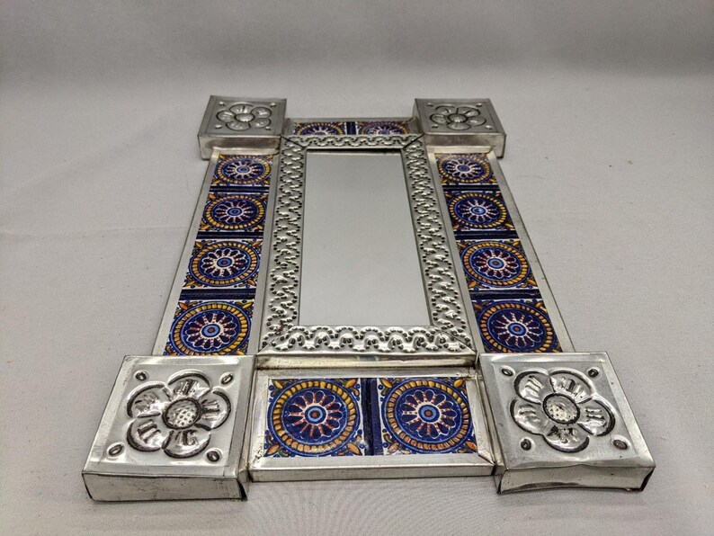 Punched Tin Mirror Mixed Talavera Tile Mexican Folk Art Mirror 13.25 X ...
