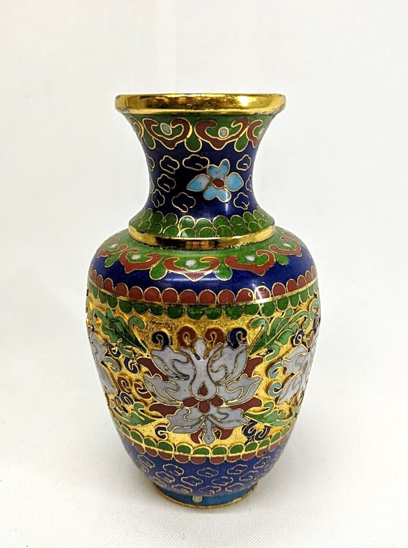 Vintage Chinese Cloisonne Enamel Vase Gold With Flowers 5" Tall - Etsy