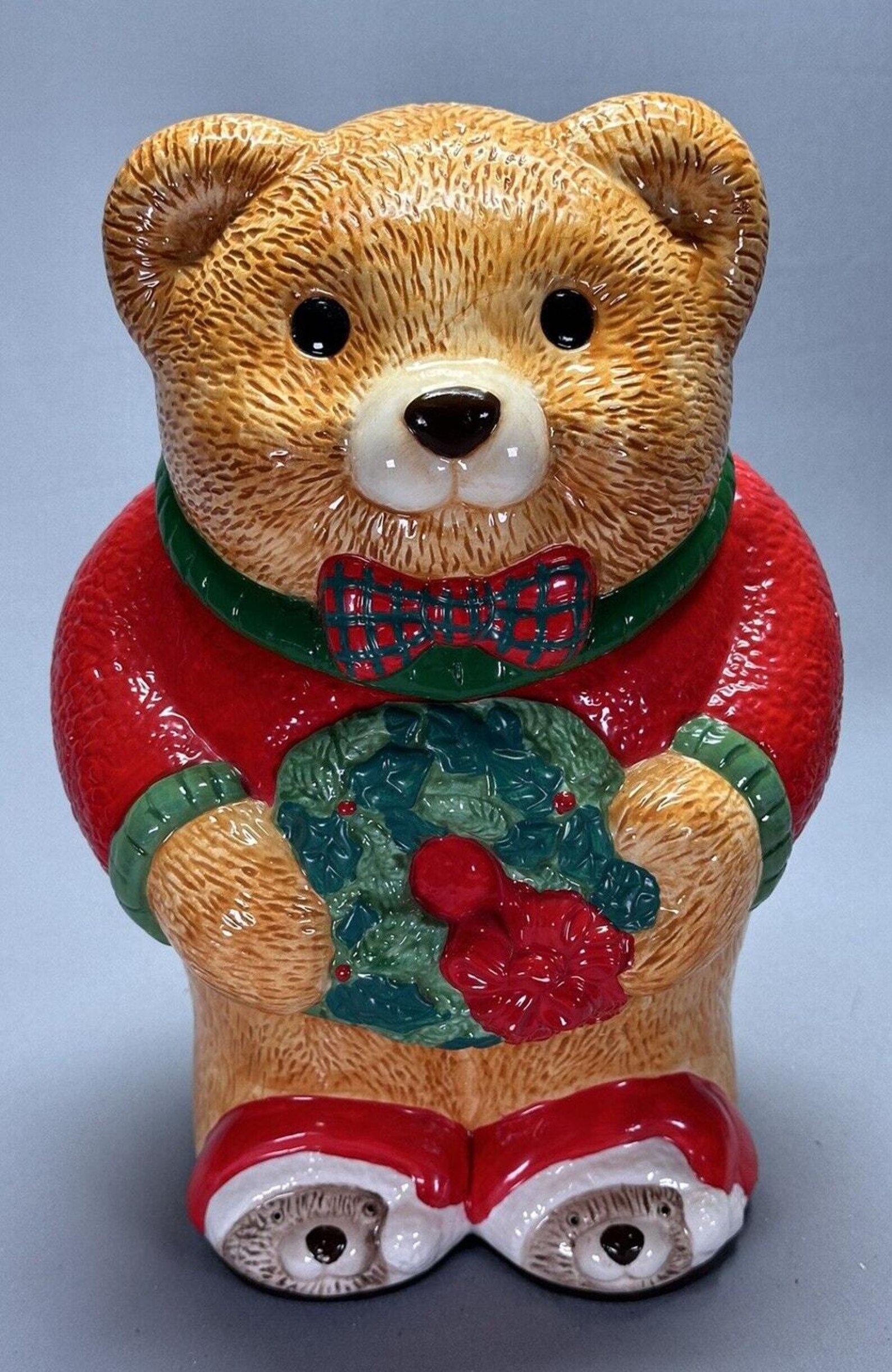 VTG Christmas Teddy Bear Cookie Jar Ceramic Sweater Wreath Debby ...
