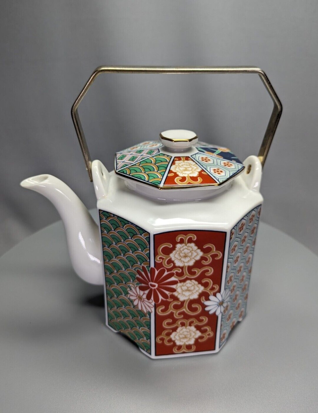 Vintage Arita Imari Fan Fine Porcelain Teapot With Brass Handle Made in ...