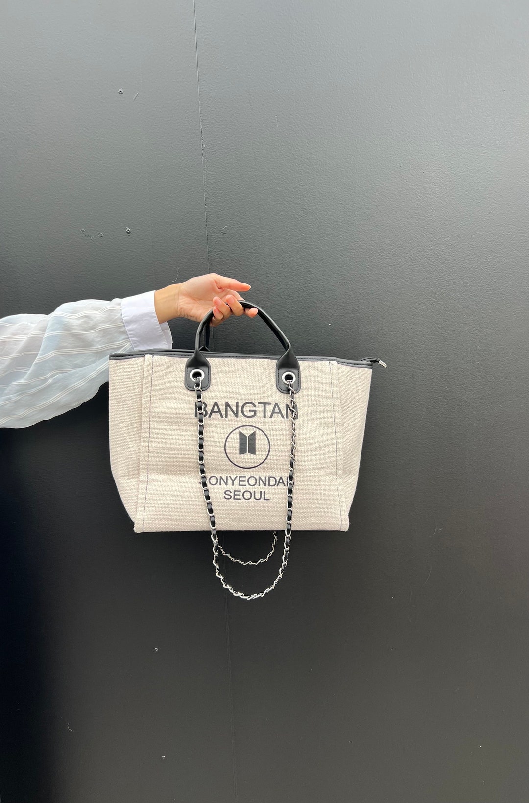 BTS Chain Monogram Canvas Shoulder Bag - Creme/tan - Black Print Kpop ...