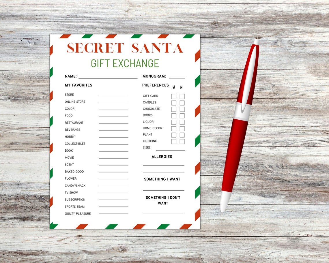 Printable Secret Santa Gift Exchange Questionnaire, Secret Santa ...