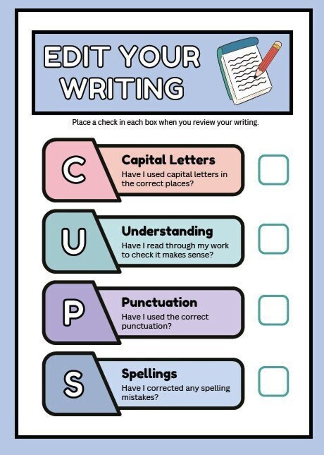 CUPS Edit Your Writing Checklist, ELA, Poster, Writing, Checklist ...