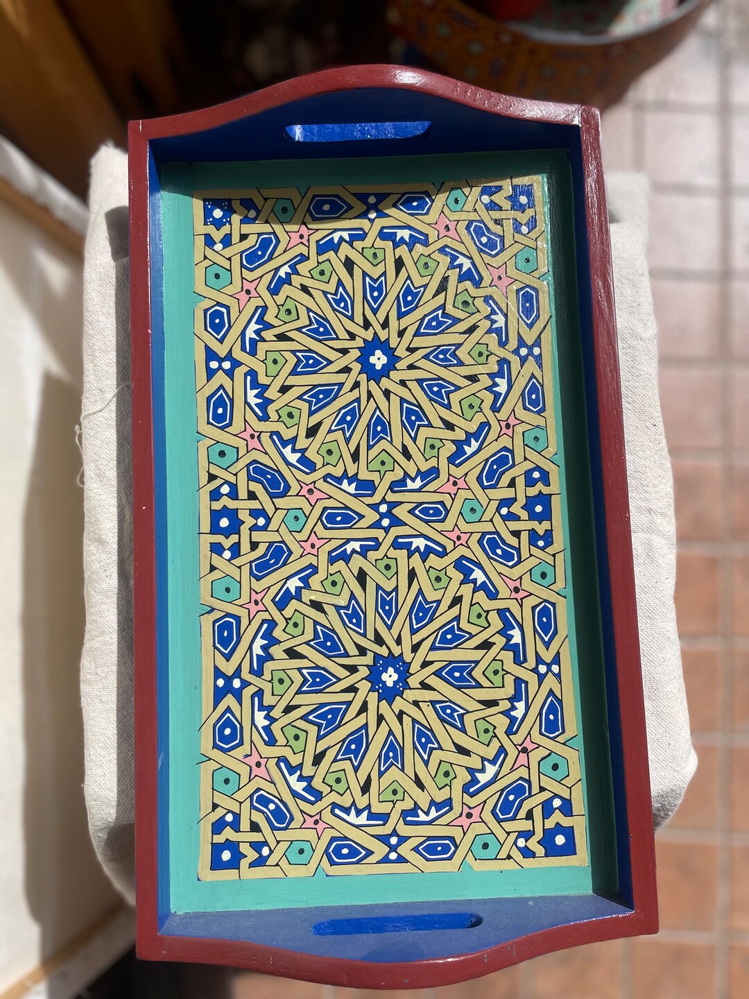 Moroccan Wooden Tray With Geometric Pattern - Etsy