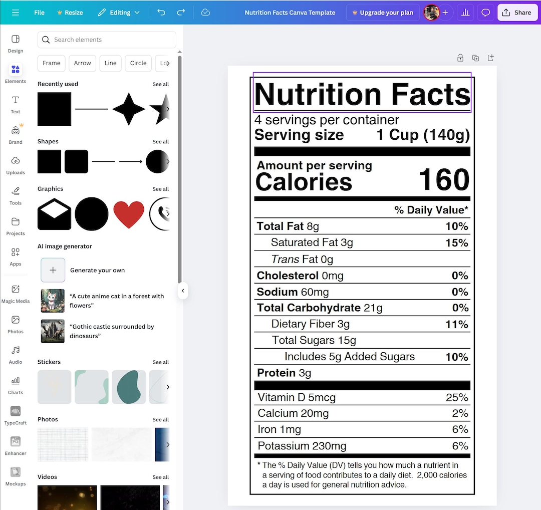 Nutrition Facts CANVA Template - Vertical Display With Micronutrients ...