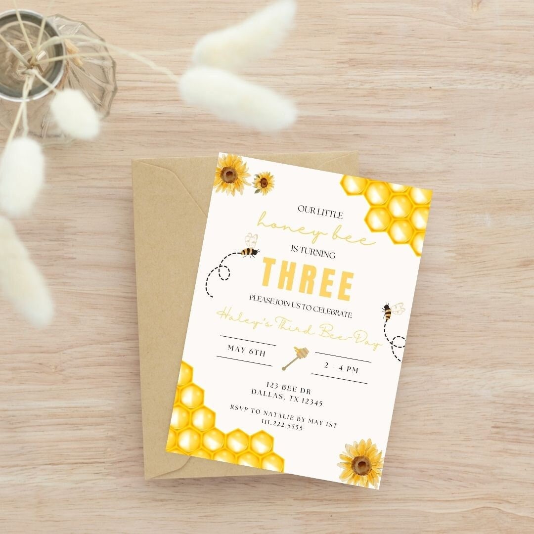 Bee Third Birthday Invitation, Third Bee Day Party Invitation, Honey ...