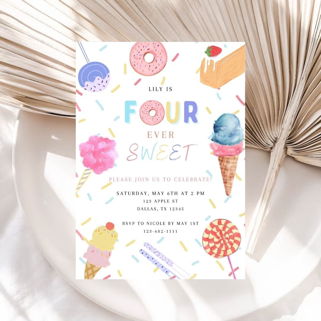 Four Ever Sweet Birthday Invitation | Dessert Invite | 4th Birthday ...