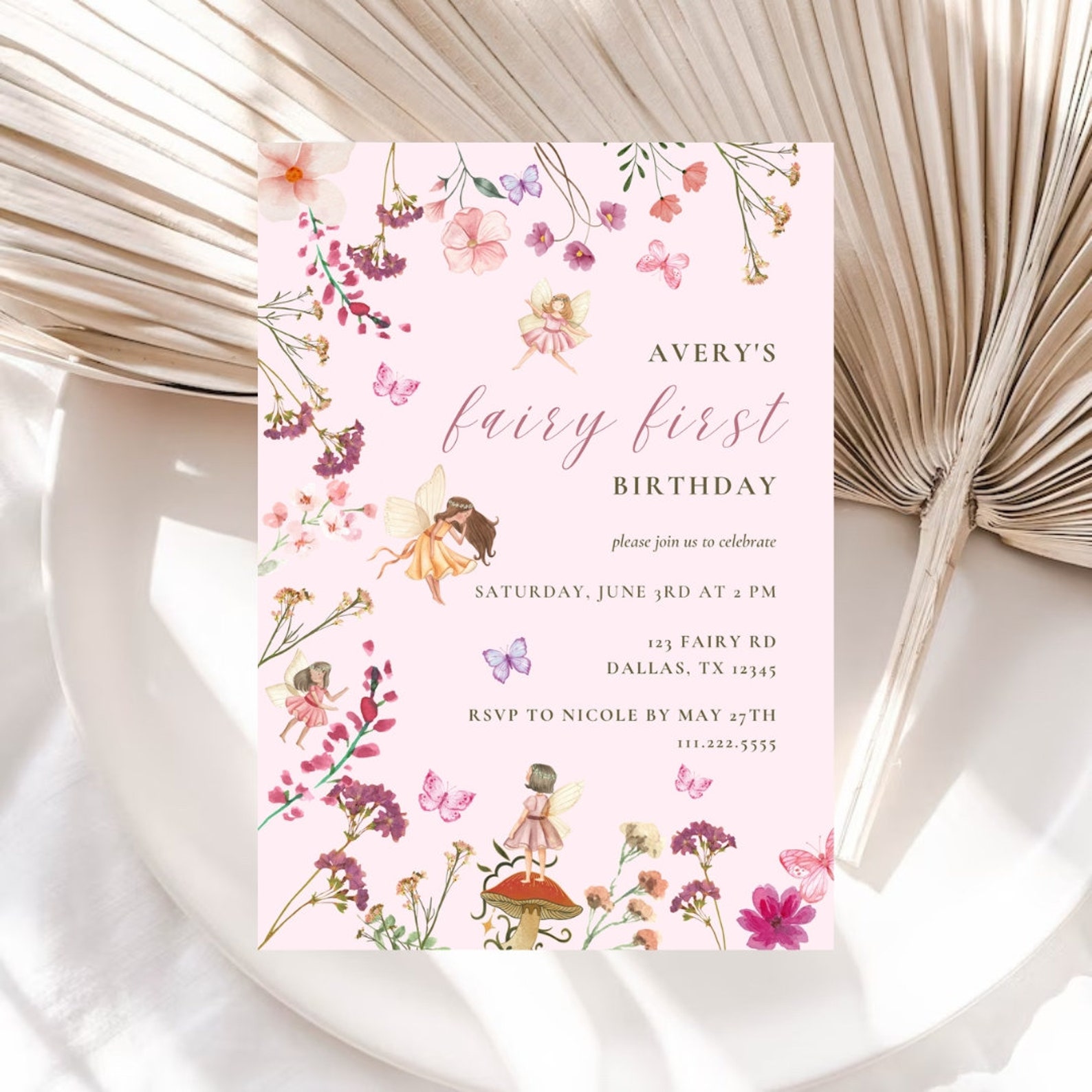 Editable Fairy First Birthday Invitation Fairy 1st Birthday Template ...