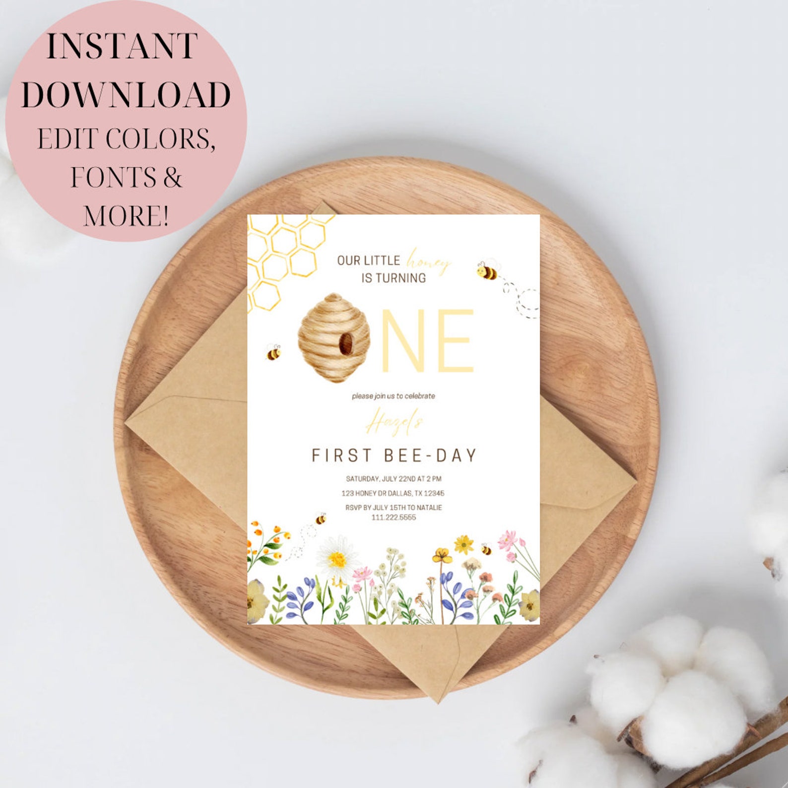 Editable First Bee Day Invitation Bee First Birthday Invitation Our ...